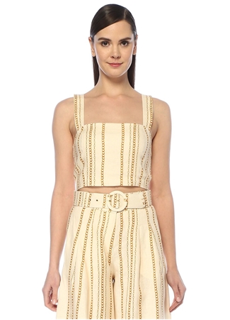 Nicholas Kadın Fez Ekru Kare Yaka Zincir Desenli Crop Keten Bluz Bej 4 US