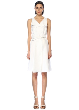Emporio Armani Kadın Beyaz Beli Kuşaklı Midi Anvelop Keten Elbise 42 IT