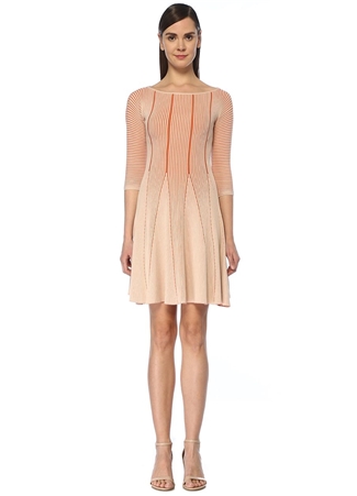 Emporio Armani Kadın Somon Çizgili Yarım Kol Mini Çan Triko Elbise Kırmızı 44 IT