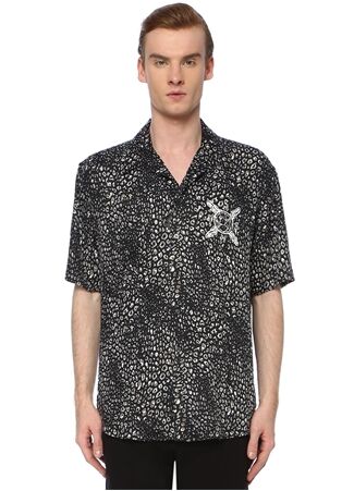 Rh45 Erkek Siyah Mikro Desenli Apaç Yaka Gömlek S EU