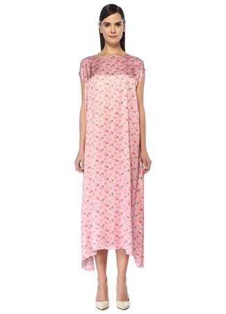 VETEMENTS Kadın Pembe Çiçekli Mikro Logo Baskılı Midi Elbise S EU