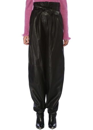 Wandering Kadın Siyah Yüksek Bel Kuşaklı Pilili Deri Pantolon 42 IT