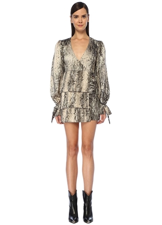 Wandering Kadın V Yaka Yılan Derisi Desenli Mini Anvelop Elbise Siyah 42 IT