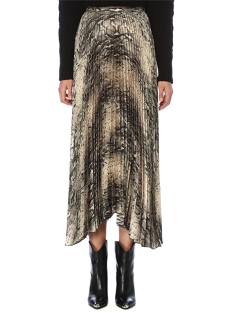 Wandering Kadın Yılan Derisi Desenli Pilili Midi Asimetrik Etek Siyah 42 IT