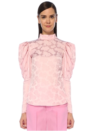 Wandering Kadın Pembe Dik Yaka Çiçek Jakarlı Karpuz Kol Bluz 42 IT