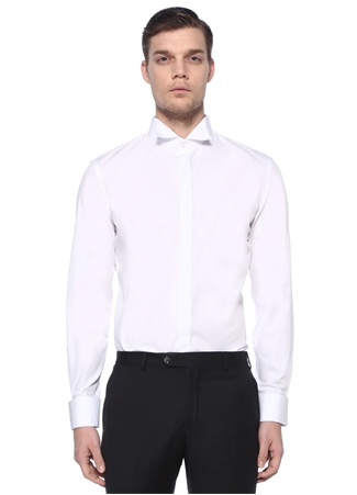 Beymen Collection Erkek Custom Fit Beyaz Ata Yaka Pilisesiz Smokin Gömleği 42 IT