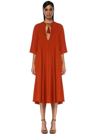 Dsquared2 Kadın Kiremit V Yaka Püsküllü Bağcıklı Midi Elbise Kırmızı S EU