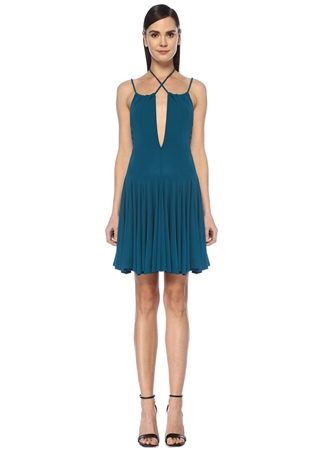 Dsquared2 Kadın Petrol Boyundan Bağlamalı Pilili Mini Elbise Yeşil M EU