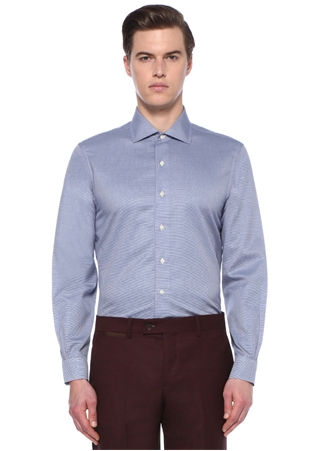 Brooks Brothers Erkek Mavi Yarı İtalyan Yaka Mikro Desenli Gömlek 6-35 EU