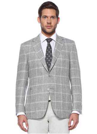 Canali Erkek Drop 6 Gri Kelebek Yaka Kareli Keten Ceket 52 IT