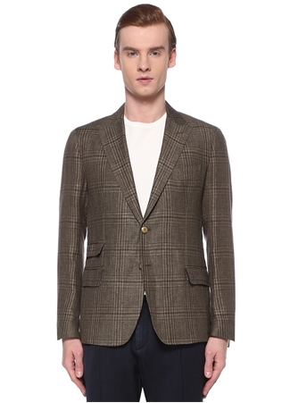 Eleventy Erkek Haki Kelebek Yaka Ekose Desenli Keten Ceket 54 IT