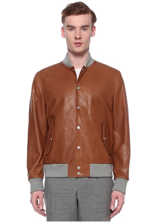 Eleventy Erkek Taba Gri Dik Yaka Deri Bomber Mont Turuncu 50 IT