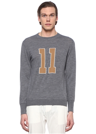 Eleventy Erkek Gri Sarı Rakam Jakarlı Basic Kazak L EU