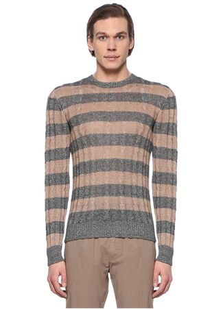 Eleventy Erkek Gri Bej Saç Örgü Dokulu Çizgili Keten Kazak L EU