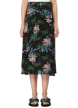 Kenzo Kadın Siyah Çiçekli Asimetrik Volanlı Midi Etek 34 FR
