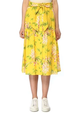 Kenzo Kadın Sarı Tropikal Çiçekli Beli Bağcıklı Midi Etek 36 FR