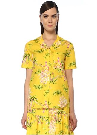 Kenzo Kadın Sarı Tropikal Çiçekli Bağcıklı Kısa Kol Gömlek 34 FR