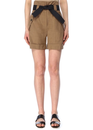 Eleventy Kadın Kamel Kontrast Kuşaklı Pilili Yün Şort Kahverengi 44 IT