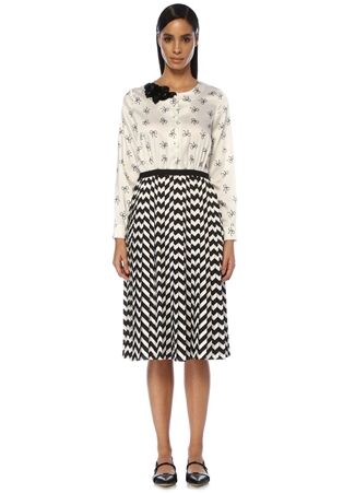 WEILL Kadın Osana Ekru Siyah Desenli İşlemeli Midi Elbise 42 IT