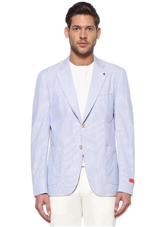 Isaia Erkek Drop 8 Mavi Kelebek Yaka Çizgi Desenli Ceket 54 IT