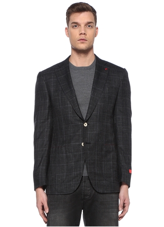 Isaia Erkek Drop 8 Antrasit Kareli Kaşmir Ceket Siyah 52 IT