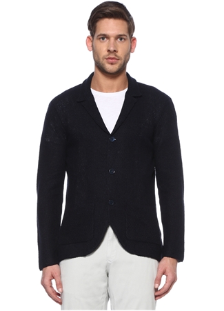 Isaia Erkek Lacivert Kelebek Yaka Dokulu Keten Triko Ceket M EU