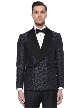 Isaia Erkek Antrasit Mavi Şal Yaka Desenli Yün Smokin Ceketi Gri 54 IT