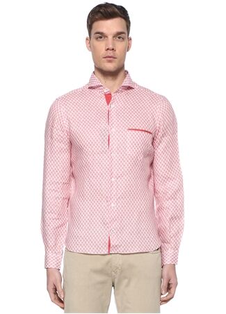 Isaia Erkek Pembe Yarı İtalyan Yaka Mikro Çiçekli Keten Gömlek Kırmızı 43 IT