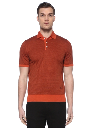Isaia Erkek Turuncu Polo Yaka Çizgili Kısa Kollu İpek Triko L EU