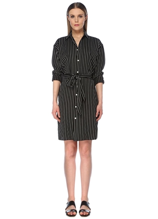 Polo Ralph Lauren Kadın Siyah Beyaz Çizgili Kuşaklı Mini Gömlek Elbise 4 US