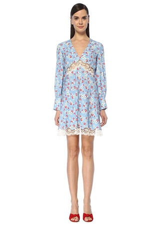Miu Kadın Mavi V Yaka Çiçekli Dantel Garnili Mini Elbise 40 IT