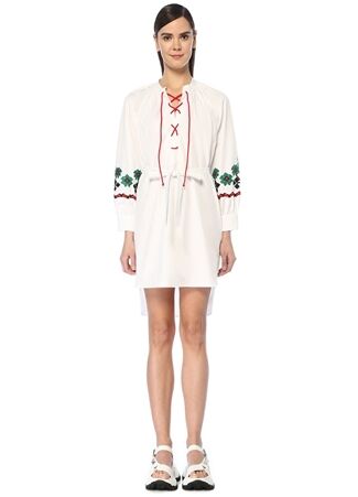 Miu Kadın Beyaz Yakası Bağcıklı Nakışlı Mini Poplin Elbise 38 IT