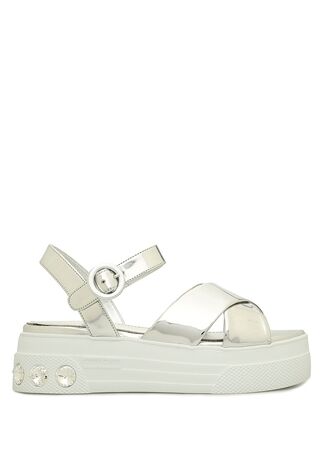 Miu Kadın Metalik Silver Kalın Tabanlı Deri Sandalet Gri 40 EU