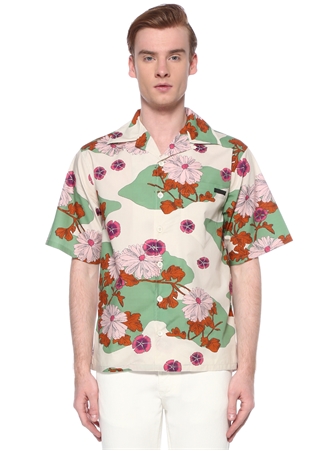 Prada Erkek Ekru Yeşil Kamp Yaka Çiçek Desenli Gömlek S EU