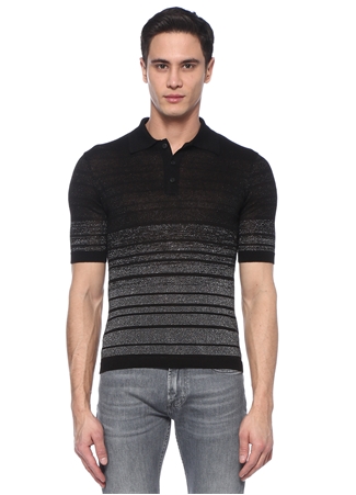 Erkek Siyah Polo Yaka Şeritli Sim Dokulu Keten Triko S EU