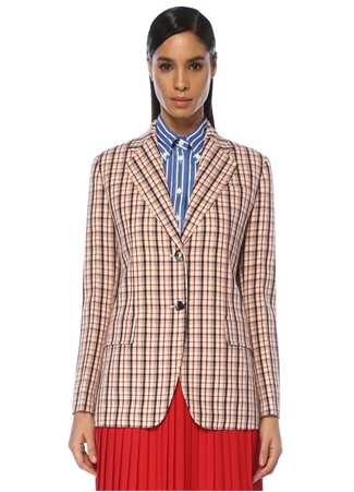 Prada Kadın Ekru Kırmızı Kelebek Yaka Ekoseli Ceket 38 IT