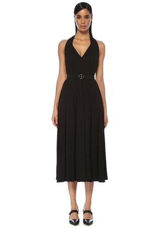 Prada Kadın Siyah Boyundan Bağlamalı Kemerli Midi Elbise 40 IT