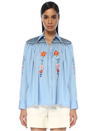 Prada Kadın Mavi Çiçek Nakışlı Büzgü Detaylı Poplin Gömlek 38 IT