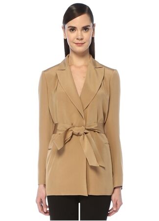 Kiton Kadın Kamel Kırlangıç Yaka Kuşaklı İpek Blazer Ceket Kahverengi 44 IT