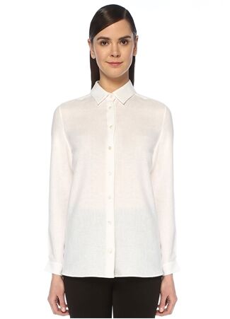 Kiton Kadın Beyaz Sivri Yaka Keten Gömlek 40 IT