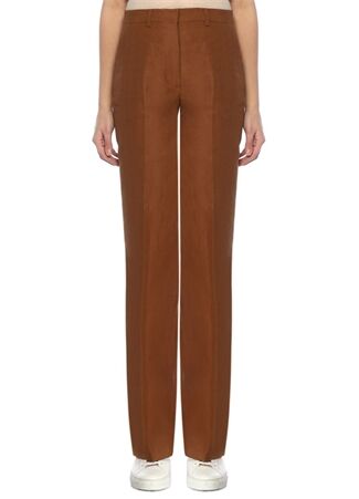 Kiton Kadın Kahverengi Normal Bel Bol Paça Keten Pantolon 40 IT