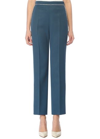 Fendi Kadın Mavi Yüksek Bel Kontrast Dikişli Yün Pantolon 38 IT