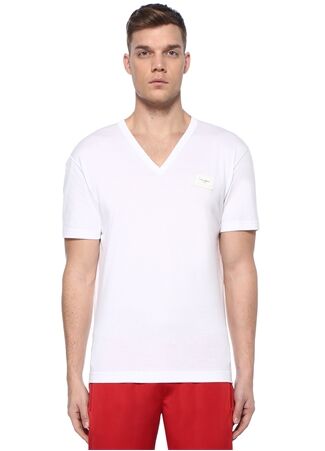 Dolce&Gabbana Erkek Beyaz V Yaka Logo Patchli T-shirt 46 IT