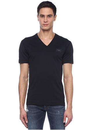 Dolce&Gabbana Erkek Lacivert V Yaka Logo Patchli T-shirt 44 IT