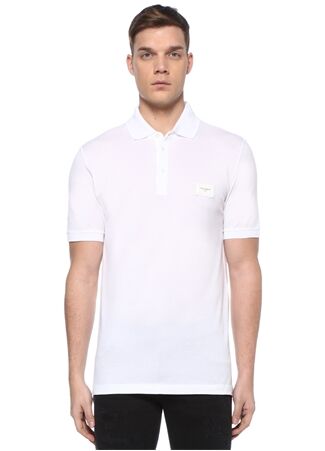 Dolce&Gabbana Erkek Beyaz Polo Yaka Logo Patchli T-shirt 44 IT