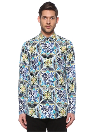 Dolce&Gabbana Erkek Gold Mavi Polo Yaka Mikro Desenli Gömlek 38 IT