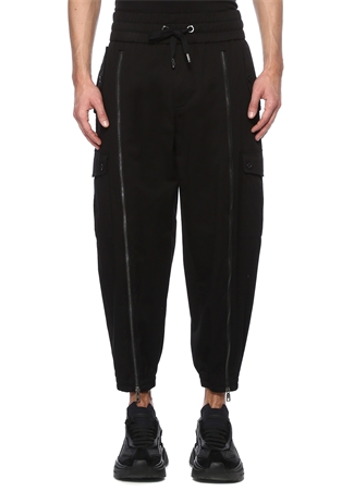 Dolce&Gabbana Erkek Siyah Kordonlu Fermuar Detaylı Jogger Pantolon 48 IT
