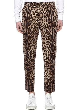 Dolce&Gabbana Erkek Normal Bel Leopar Desenli Pantolon Kahverengi 48 IT