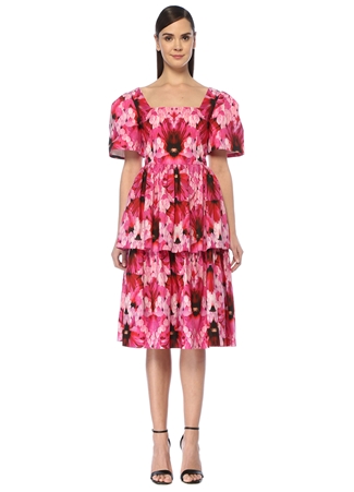 Alexander McQueen Kadın Pembe Kare Yaka Çiçekli Midi Poplin Elbise 38 IT