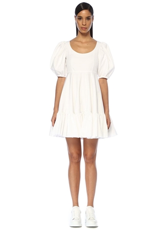 Alexander McQueen Kadın Beyaz Balon Kol Volanlı Mini Poplin Elbise 38 IT